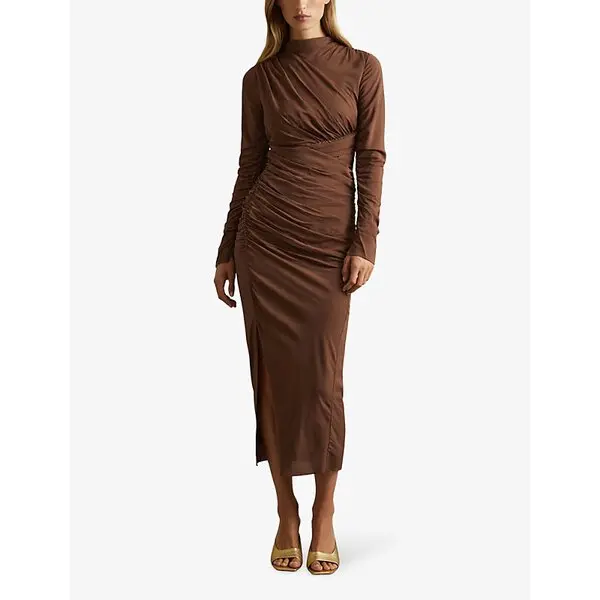knee length dresses for ladies Mina Formal High Neck Ruched Midi Dress