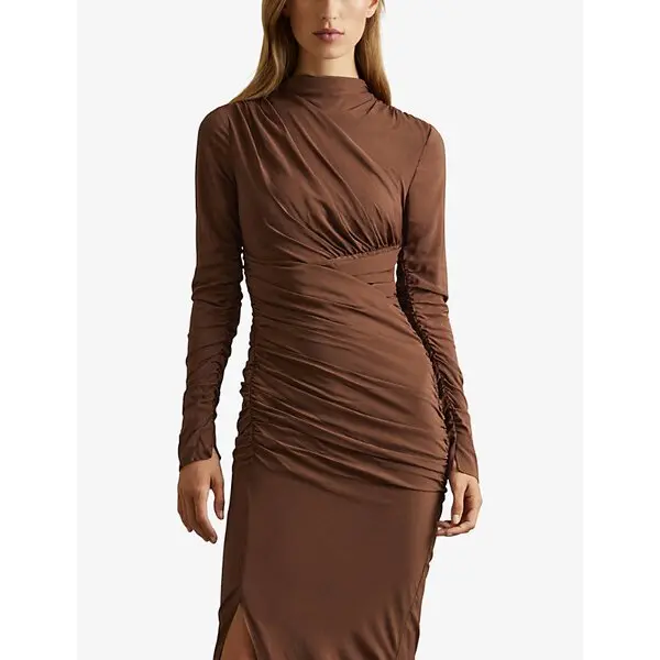 knee length dresses for ladies Ruched Midi Dress Chocolate