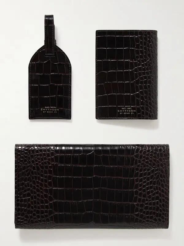 Smythson - Smythson Mara Croc-effect Leather Clutch, Passport Holder And Luggage Tag Set