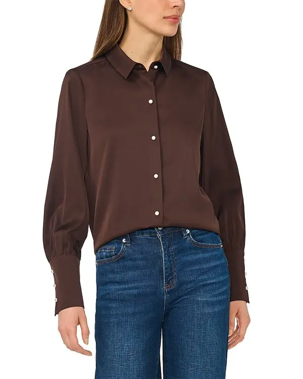 CECE DUPRAZ Satin Faux Pearl Button Blouse - Coffee Bean