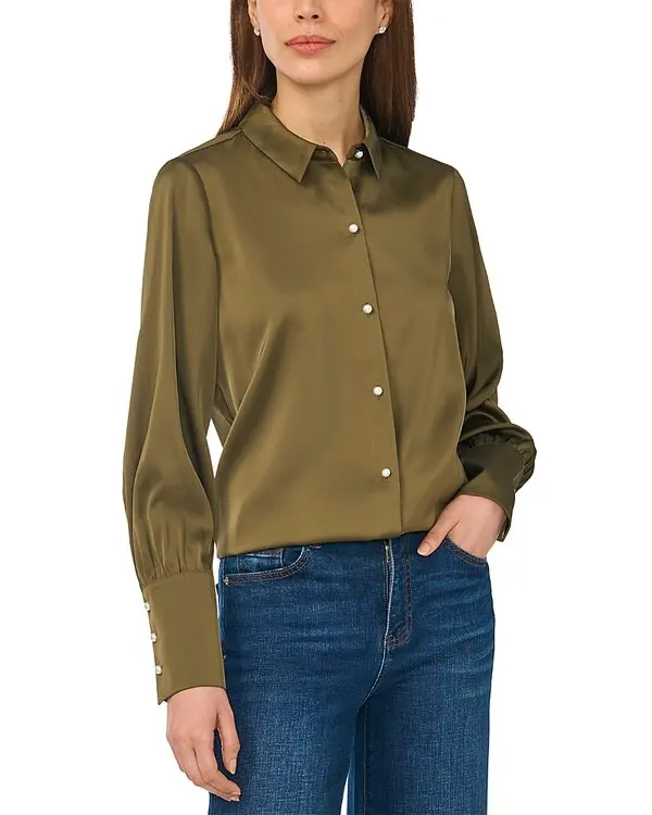 CECE DUPRAZ Satin Faux Pearl Button Blouse - Dark Olive