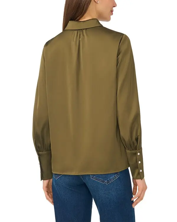 CECE DUPRAZ Satin Faux Pearl Button Blouse - Dark Olive