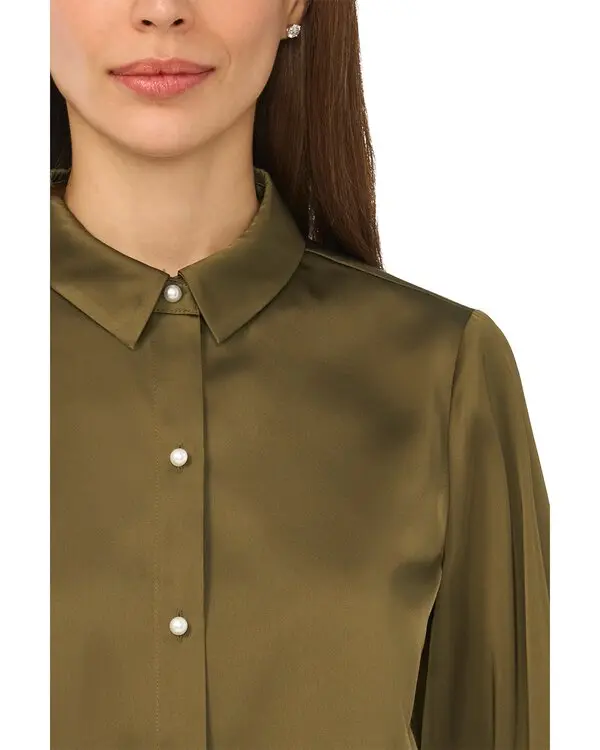 CECE DUPRAZ Satin Faux Pearl Button Blouse - Dark Olive