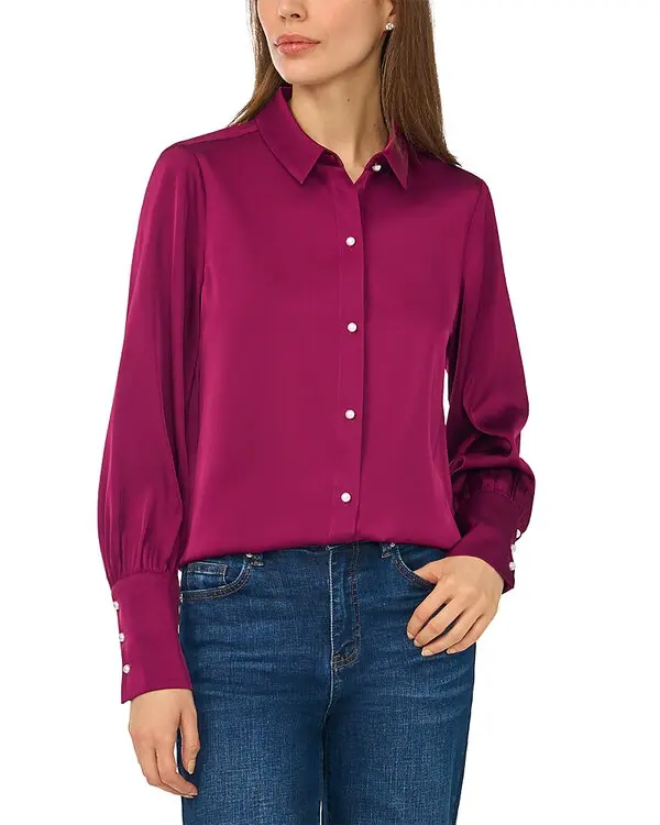 CECE DUPRAZ Satin Faux Pearl Button Blouse - Deep Mulberry