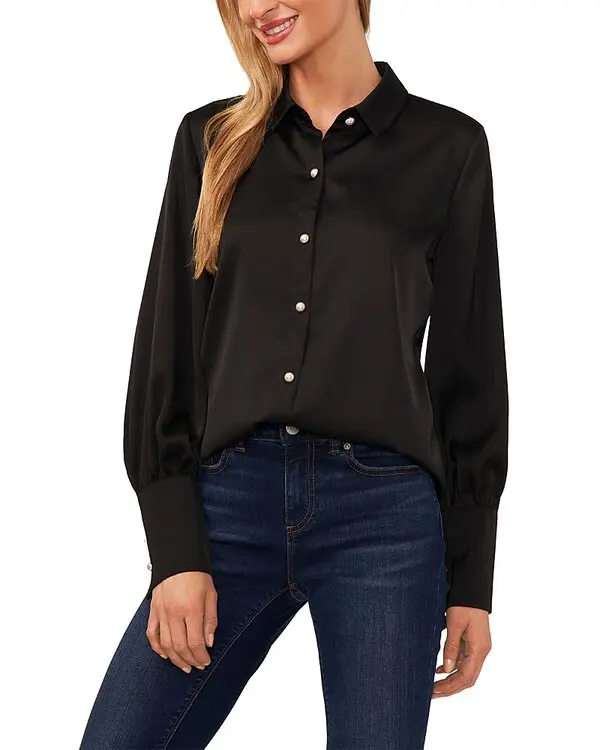 CECE DUPRAZ Satin Faux Pearl Button Blouse - Rich Black
