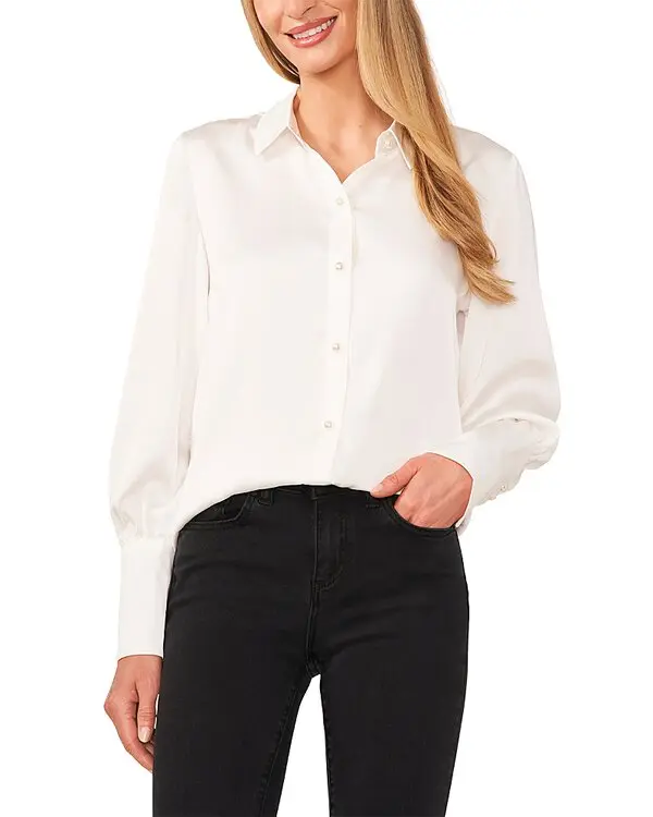 CECE DUPRAZ Satin Faux Pearl Button Blouse - Soft Ecru