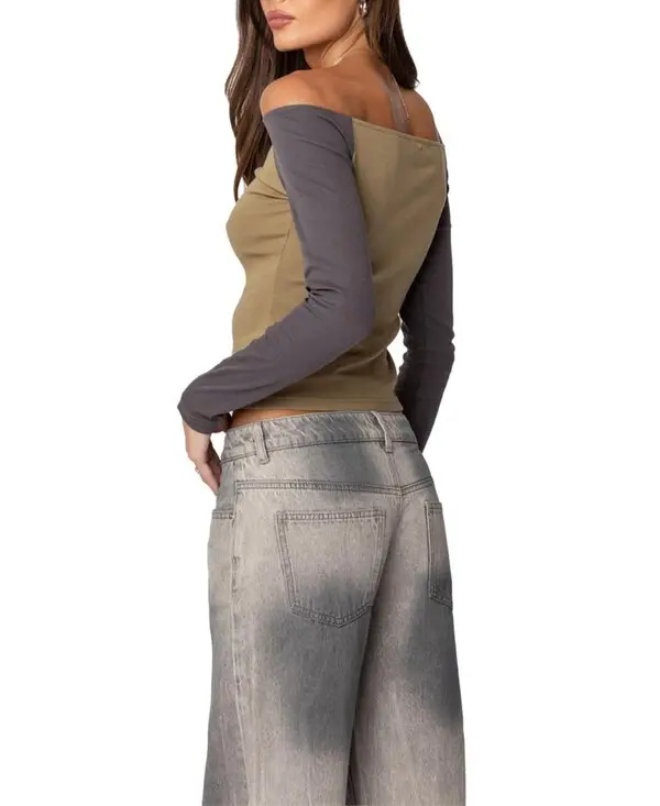 EDIKTED Contrast Off Shoulder Top - Olive