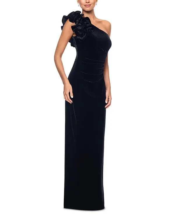 Aqua Velvet Ruffle One Shoulder Gown - Black