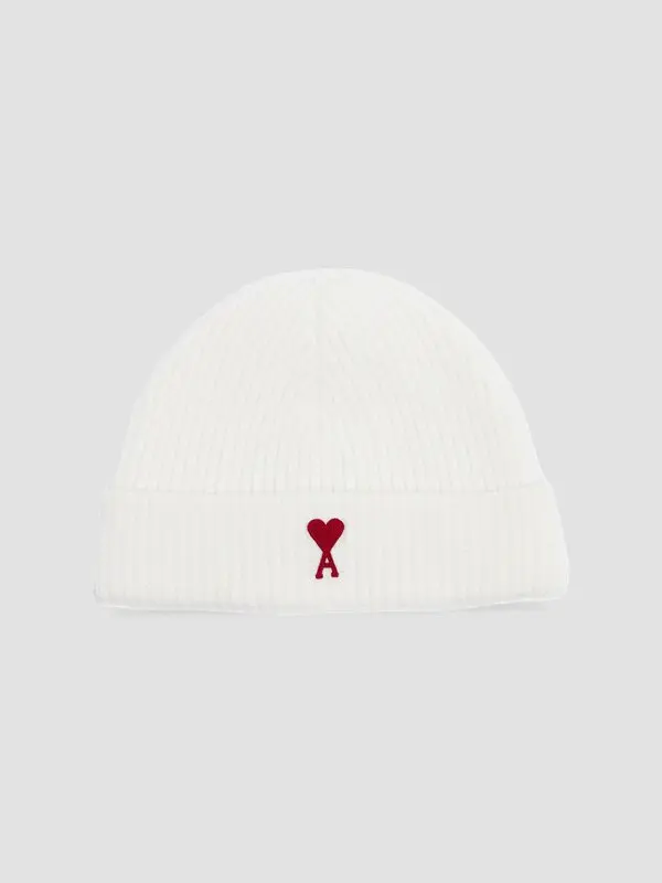 AMI Paris Adc Logo Wool Beanie - Off White Red