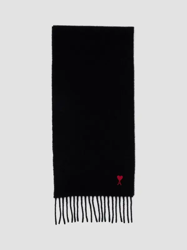 AMI Paris De Coeur Wool Fringe Scarf - Black