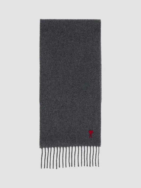 AMI Paris De Coeur Wool Fringe Scarf - Dark Grey