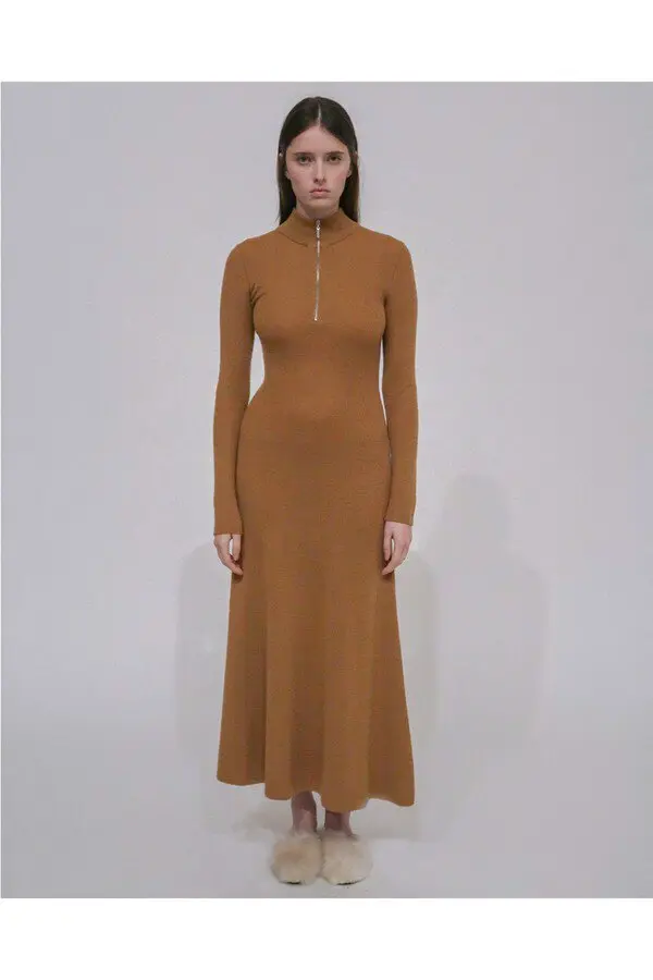 Rosetta Getty Ribbed Merino Wool Zip-up Turtleneck Dress - Brown