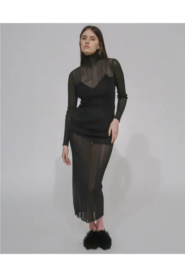 Rosetta Getty Sheer Plisse Maxi Skirt - Black