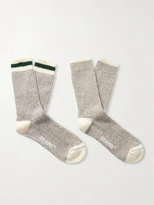 BEAMS Two-pack Striped Ribbed-knit Socks - Gray