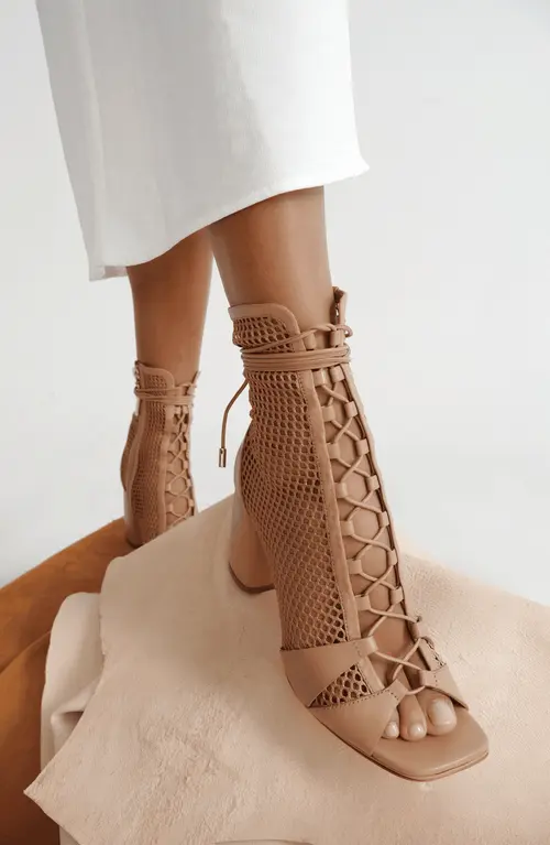 DANIELLA SHEVEL Romi Open Toe Lace Up Booties - Brown