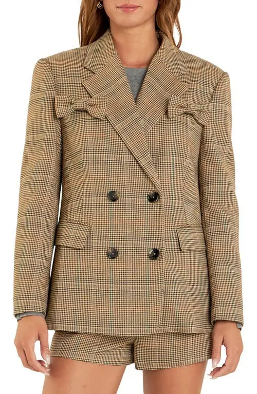 English Factory Glen Check Double-breasted Blazer With Bow Detail