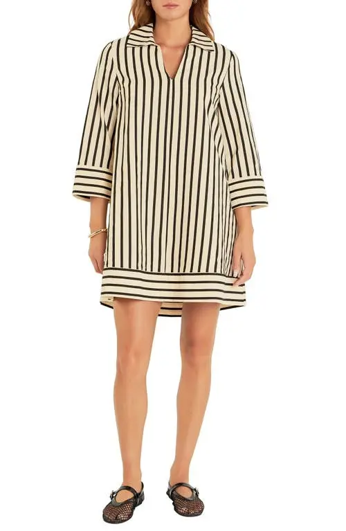 English Factory Stripe Three-quarter Sleeve Dress - Beige/ Black
