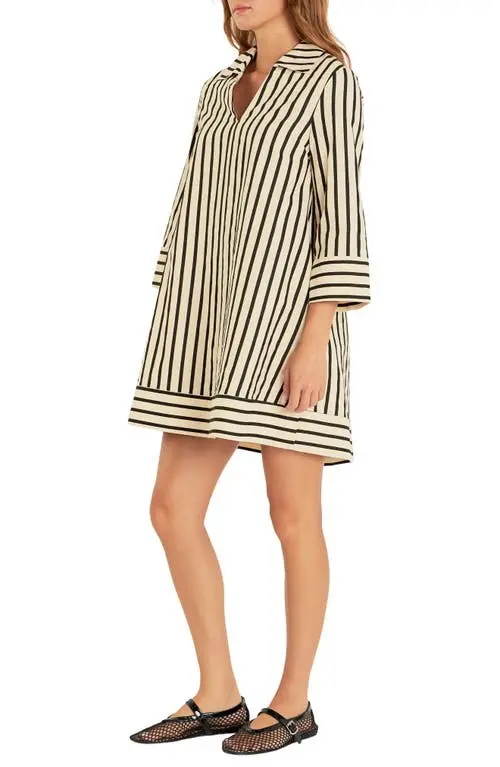 English Factory Stripe Three-quarter Sleeve Dress - Beige/ Black