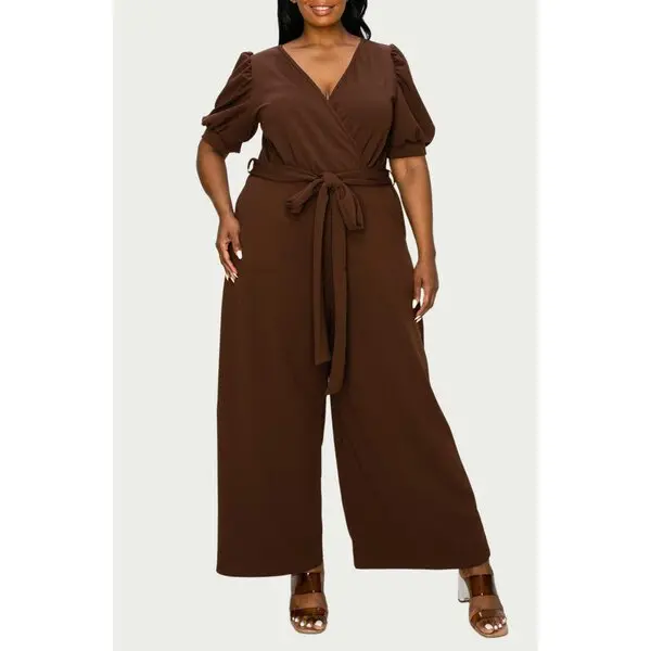 L I V D Iris Belted Wide Leg Jumpsuit - Brown