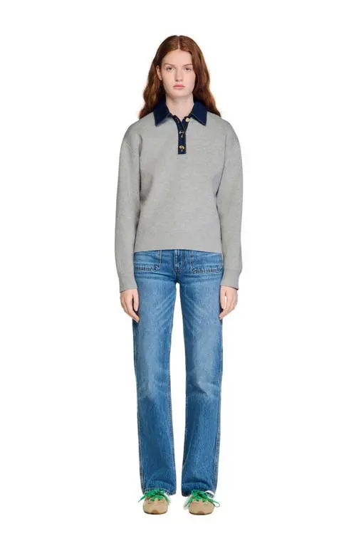 Sandro Knit Sweater With Denim Collar - Grey