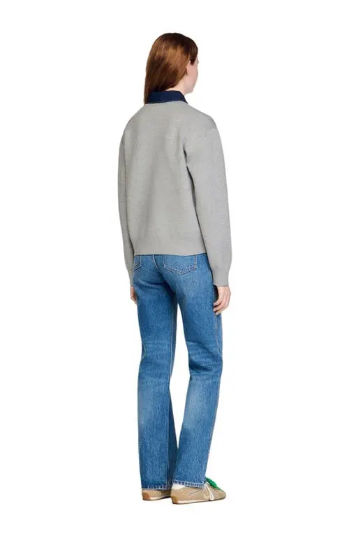 Sandro Knit Sweater With Denim Collar - Grey