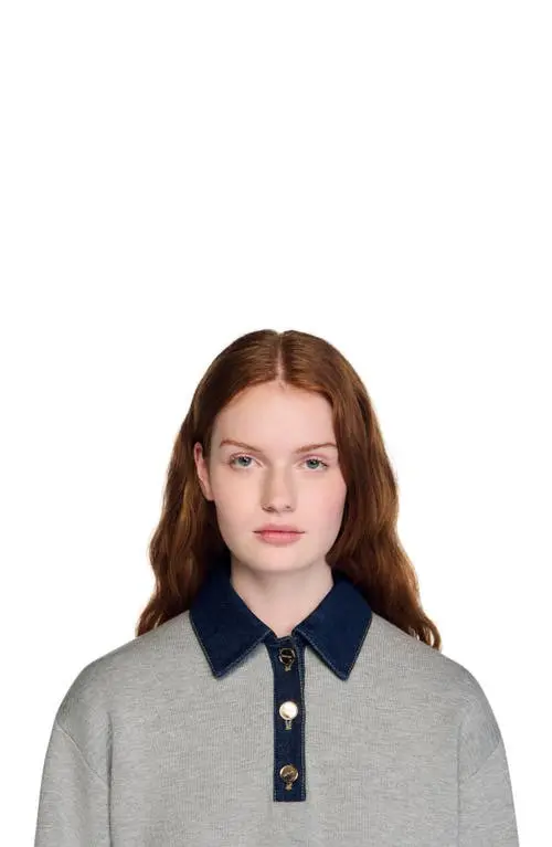 Sandro Knit Sweater With Denim Collar - Grey