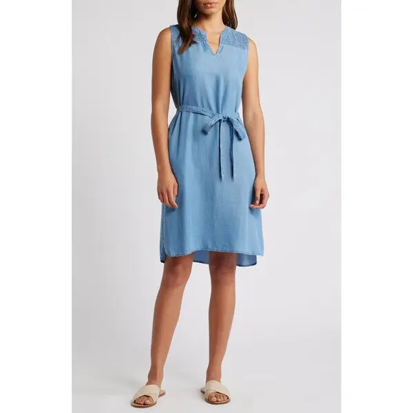 beach lunch lounge chambray dress Beach Lunch Lounge Dress Womens S Striped Chambray Sleeveless Swing A Line  Blue