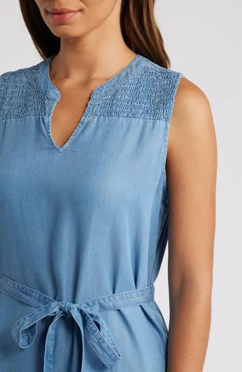 beach lunch lounge chambray dress Coastal Breeze Chambray Tiered Midi Dress