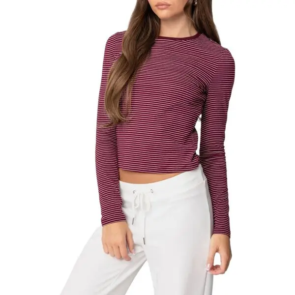 EDIKTED Brianna Stripe Stretch Cotton T-shirt - Burgundy