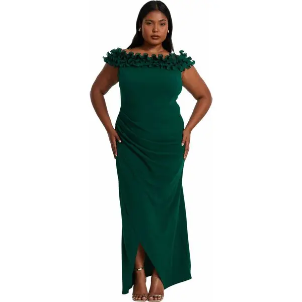Quiz Scuba Crepe Ruffle Bardot Maxi Dress In Bottle Green - 30% Off |  Editorialist