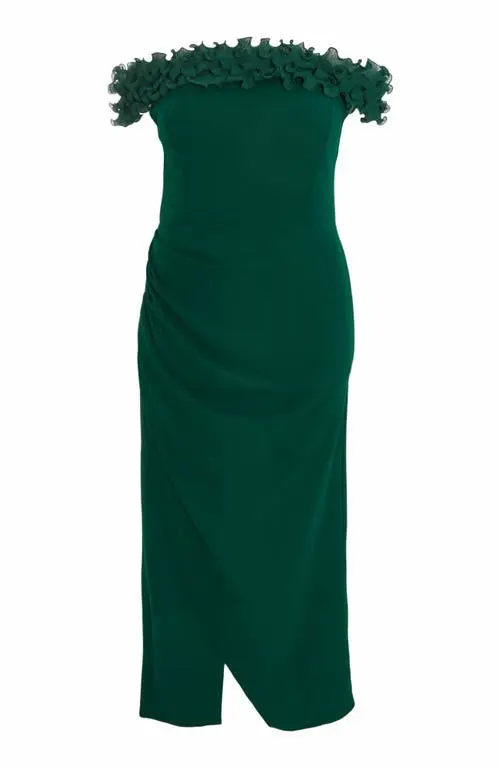 Quiz Scuba Crepe Ruffle Bardot Maxi Dress In Bottle Green - 30% Off |  Editorialist