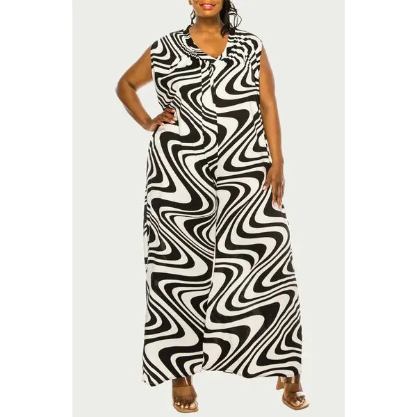 L I V D Ortega Printed Sleeveless Wide Leg Jumpsuit - Black/white