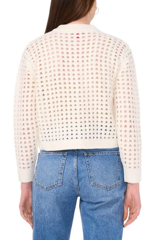 Vince Camuto Pointelle Crewneck Cardigan - Antique White