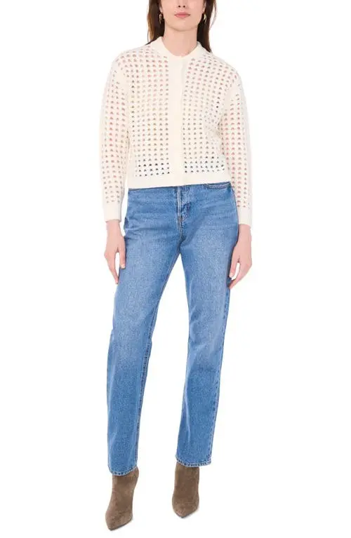 Vince Camuto Pointelle Crewneck Cardigan - Antique White