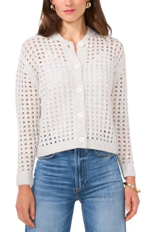 Vince Camuto Pointelle Crewneck Cardigan - Silver Heather