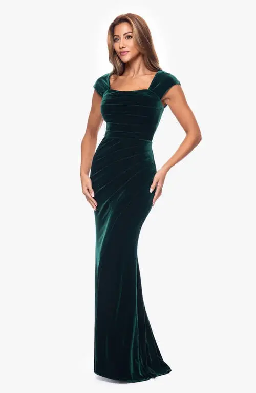 XSCAPE EVENINGS Square Neck Stretch Velvet Gown