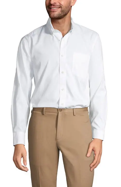 LANDS' END School Uniform Tailored Fit No Iron Solid Supima Cotton Pinpoint Buttondown Collar Dress Shirt - White