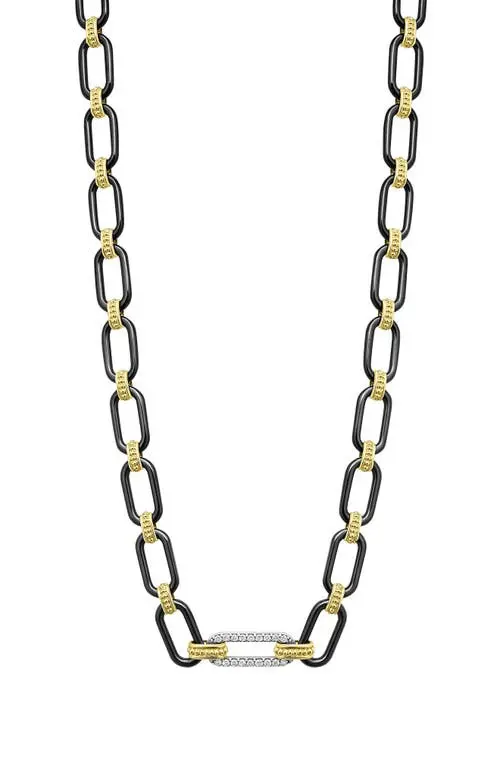 Lagos Signature Caviar Ceramic Link & Diamond Necklace - Black