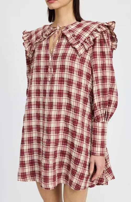 En Saison Colebee Check Long Sleeve Minidress - Bordeaux | Editorialist