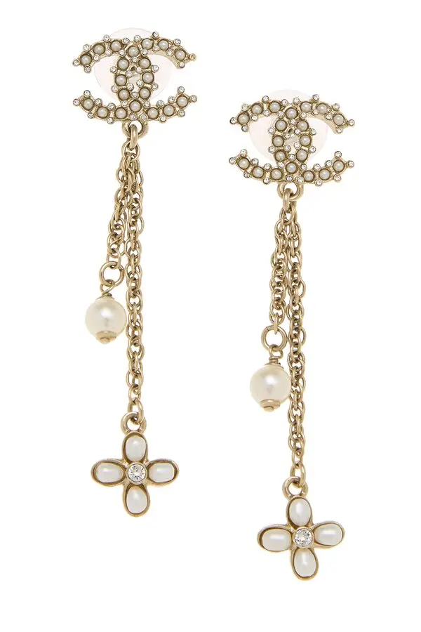Chanel Crystal Faux Pearl 'cc' Dangle Earrings - Gold