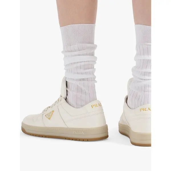Prada Downtown Logo-plaque Leather Low-top Sneakers - Neutral