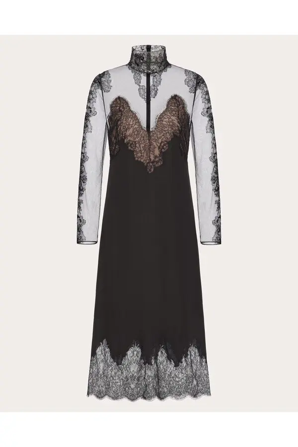 Valentino Garavani Georgette Midi Dress With Lace Inserts - Black |  Editorialist