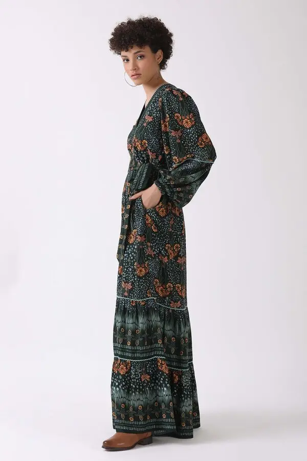 knee length dresses for ladies CELINA MOON Long Sleeve Floral Maxi Dress With Belt – thefrumshopper main image 1