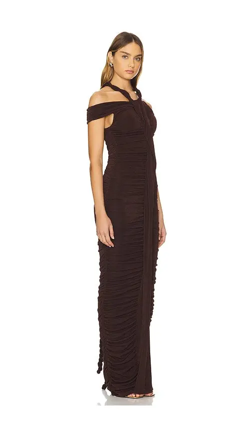 brown slinky maxi dress Lottie Slinky Maxi Dress With Split / Chocolate | MESHKI