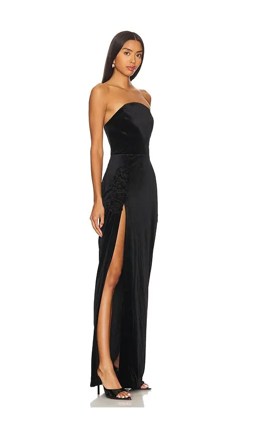 Amanda Uprichard Velvet Gown With Florette Accent And Slit - Black
