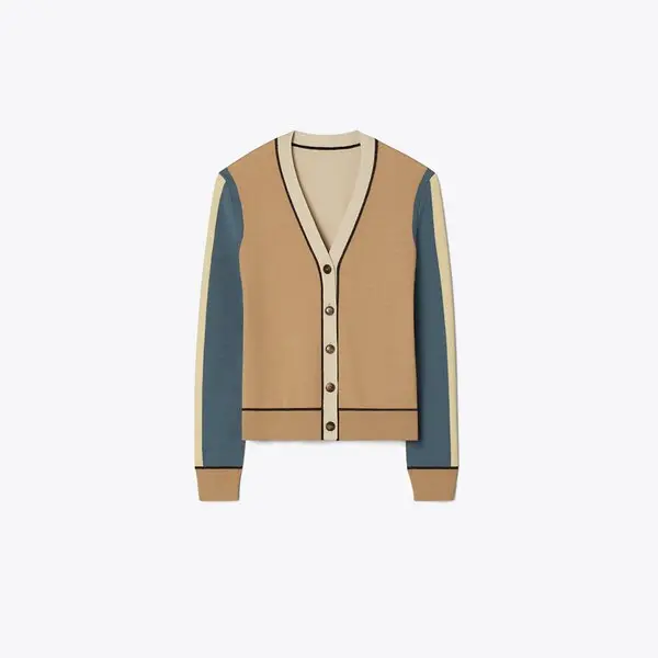 Tory Burch Color-block Wool Cardigan With Brooch