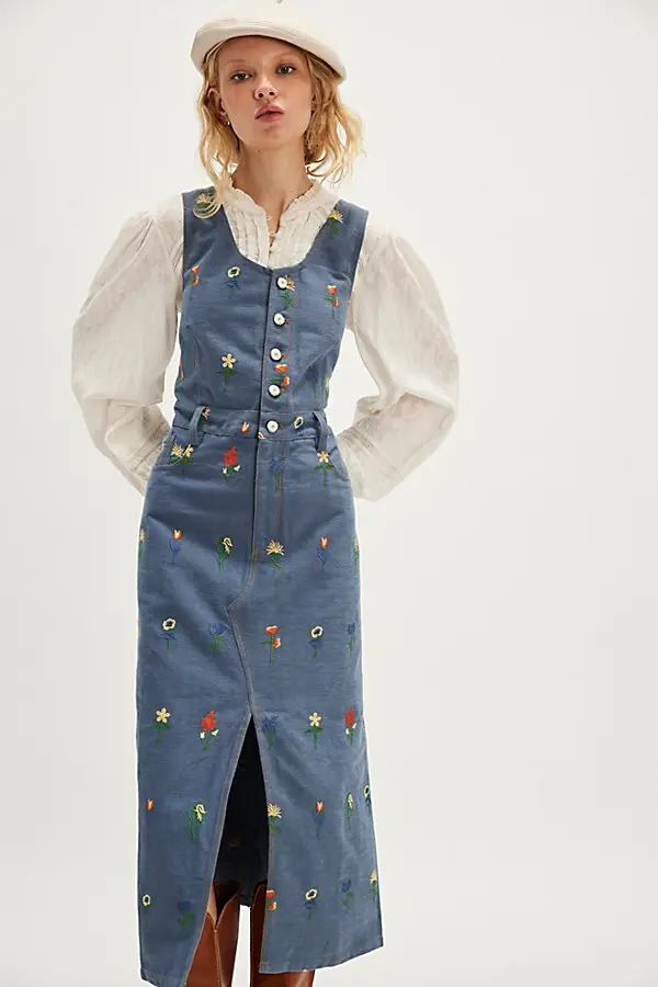 anthropologie embroidered dress Country Thunder Denim Floral Embroidery Dress: Best Seller – Whimsy Threads  Boutique main image 1