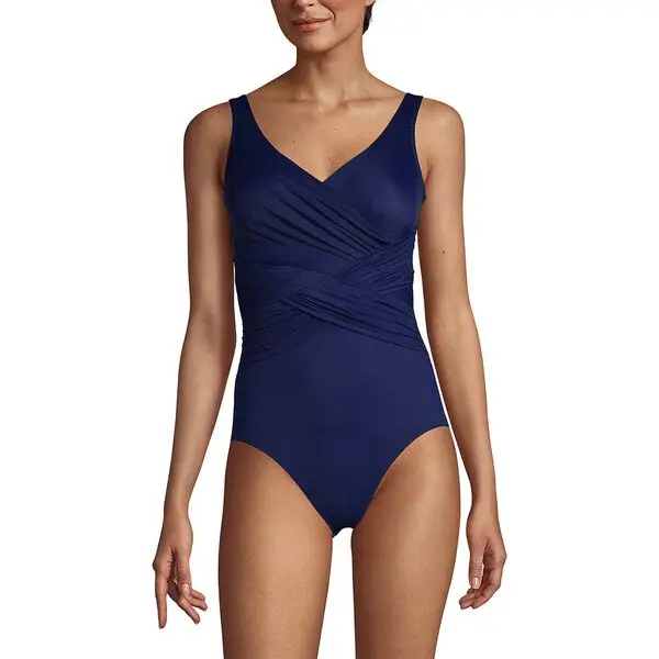 LANDS' END Slender Suit Wrap One Piece Swimsuit - Deep Sea Navy