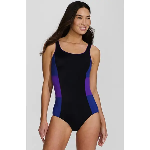 LANDS' END Long Chlorine Resistant Scoop Neck Soft Cup Tugless Sporty One Piece Swimsuit - Black/purple Grape