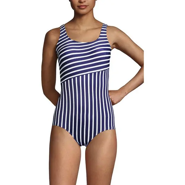 LANDS' END Long Chlorine Resistant Scoop Neck Soft Cup Tugless Sporty One Piece Swimsuit - Deep Sea/white Media Stripe